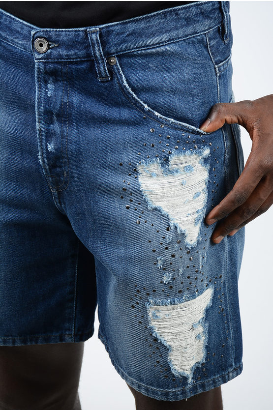 JUST CAVALLI men Jeans Sz 32 Blue Denim Distressed Shorts Pants Bermuda ...